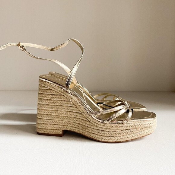 Zara | Shoes | Zara Metallic Gold Strappy Wedge Jute Espadrille Sandals ...